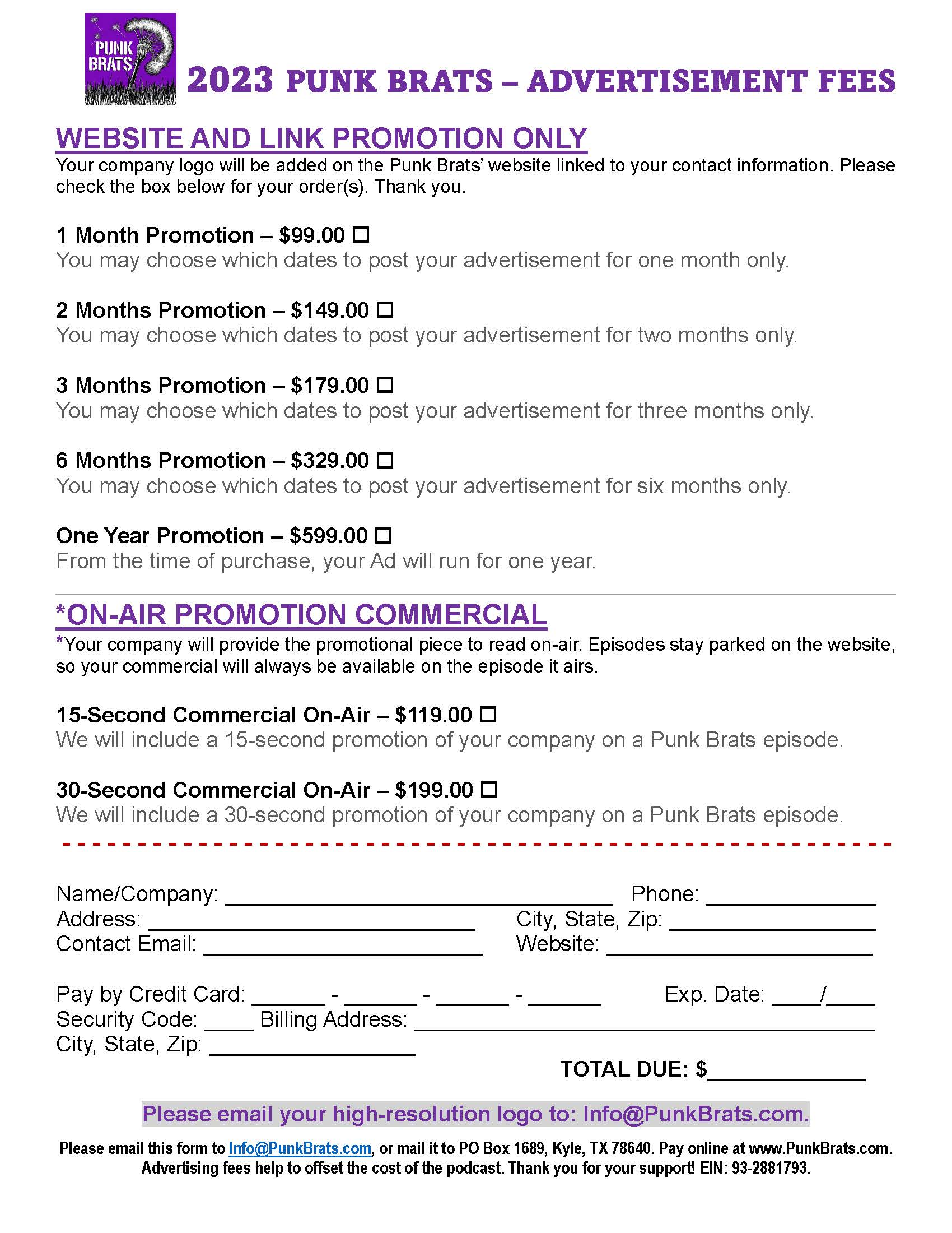 PUNK BRATS ADVERTISING FEES @ HATS OFF FOR VETERANS