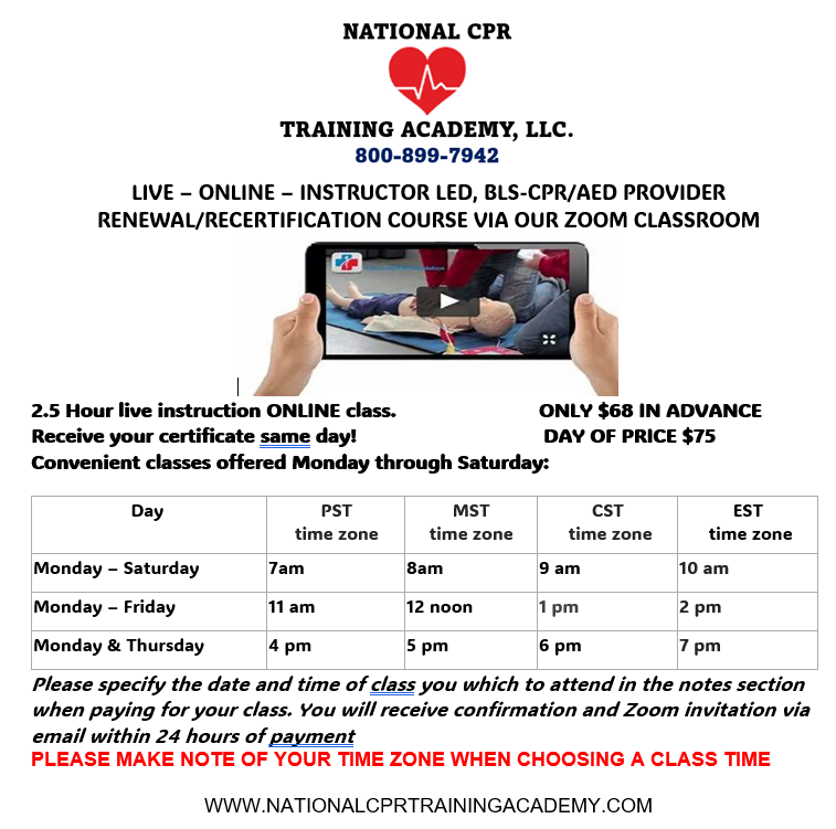 AHA BLS-CPR/AED RENEWAL/RECERTIFICATION CLASS VIA ZOOM. @ National CPR ...